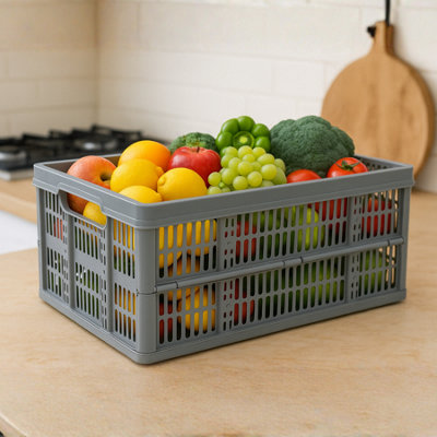 2 Pack 32 Litre Foldable Plastic Storage Crates Grey Collapsible ...