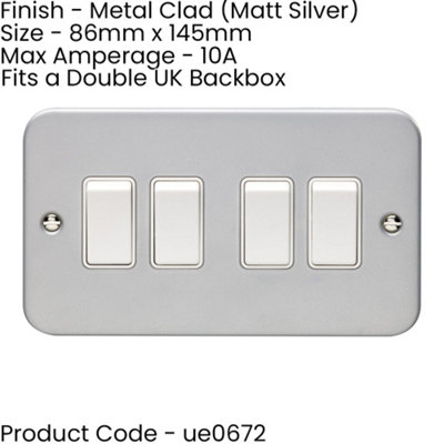 2 PACK 4 Gang Quad Light Switch 2 Way 10A HEAVY DUTY METAL CLAD - White ...