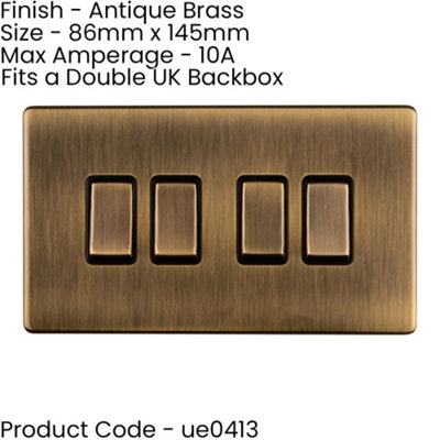 2 PACK 4 Gang Quad Light Switch SCREWLESS ANTIQUE BRASS 2 Way 10A Slim ...
