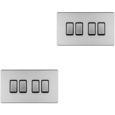 2 PACK 4 Gang Quad Light Switch SCREWLESS SATIN STEEL 2 Way 10A Slim Rocker