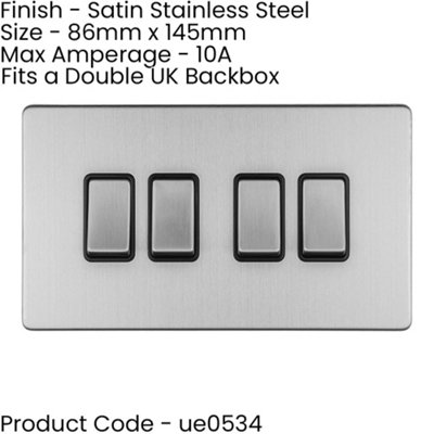 2 PACK 4 Gang Quad Light Switch SCREWLESS SATIN STEEL 2 Way 10A Slim Rocker