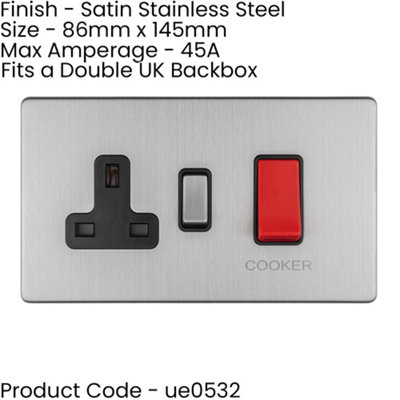 2 PACK 45A DP Oven Cooker Switch & 13A Switched Socket SCREWLESS SATIN ...