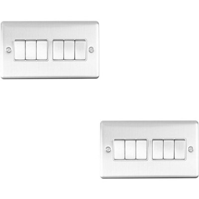 2 PACK 6 Gang Metal Multi Light Switch SATIN STEEL 2 Way 10A White Trim