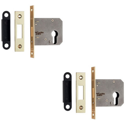 2 PACK - 64mm Residential EURO Profile Deadlock - Electro Brassed Fire ...