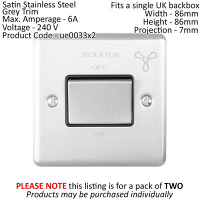 2 PACK 6A Extractor Fan Isolator Switch SATIN STEEL & Grey Trim 3 Pole ...