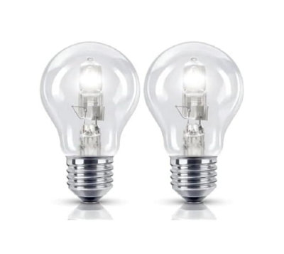 2 Pack 70W (100W) GLS Eco Halogen, ES E27 Edison Screw, A55 Clear Bulbs ...