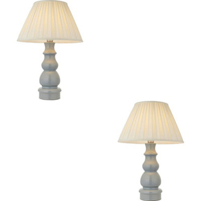 2 PACK Blue Grey Glaze & Satin Nickel Plate Table Lamp - Cream Fabric ...