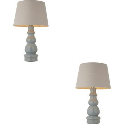 2 PACK Blue Grey Glaze & Satin Nickel Plate Table Lamp - Grey Linen ...