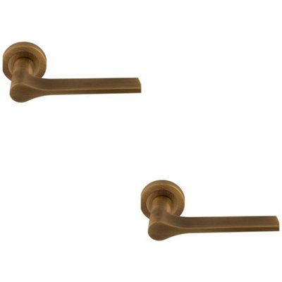 2 PACK - Contemporary Flat Door Handle Set - Antique Brass Sleek Lever ...