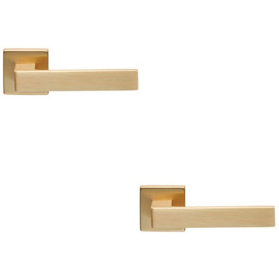 2 PACK - Contemporary Flat Door Handle Set - Satin Brass Sleek Lever on ...