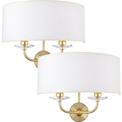2 PACK Dimmable Twin Wall Light Brass Glass White Fabric Shade Curved ...