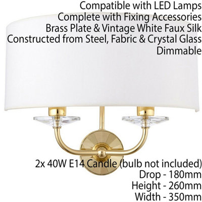 2 PACK Dimmable Twin Wall Light Brass Glass White Fabric Shade Curved ...