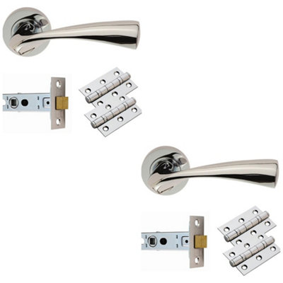 2 PACK - Door Handle & Latch Pack Set- Chrome Curved Flaired Lever ...