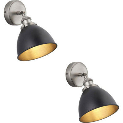 2 PACK Indoor Aged Pewter Plate Task Wall Light - Matt Black Paint ...