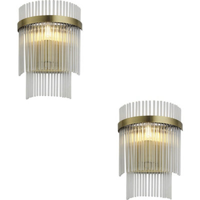 2 PACK Indoor Antique Brass Plate Wall Light - Clear Glass Rod ...