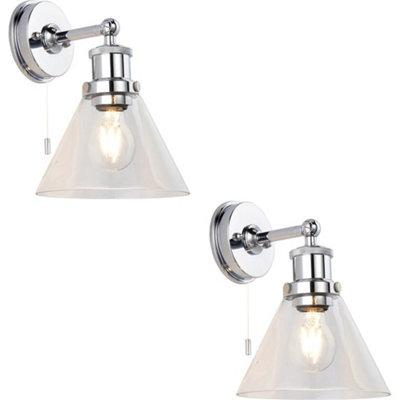 2 PACK IP44 Bathroom Wall Light - Chrome Plated Clear Coned Glass Shade ...