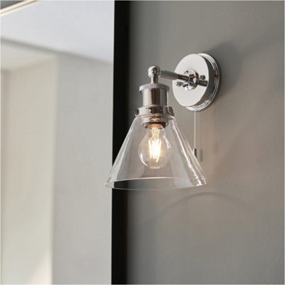 2 PACK IP44 Bathroom Wall Light - Chrome Plated Clear Coned Glass Shade ...