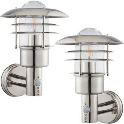 2 PACK IP44 Outdoor Wall Lamp Stainless Steel Caged Glass PIR Lantern ...