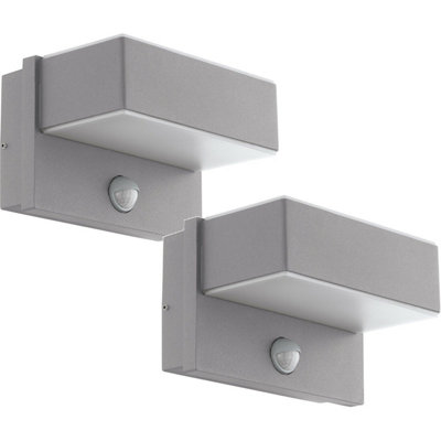 2 PACK IP44 Outdoor Wall Light & PIR Sensor Silver Steel Square 5.6W ...