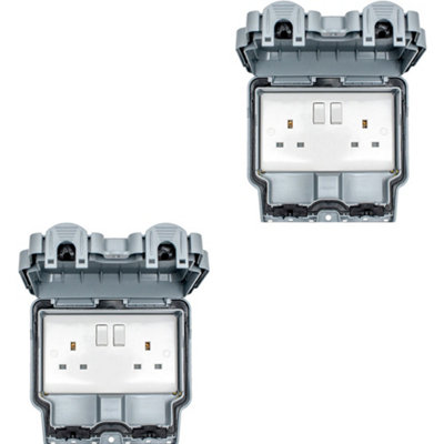 2 PACK IP66 Outdoor 2 Gang Double Switched 13A UK Plug Socket Garden ...