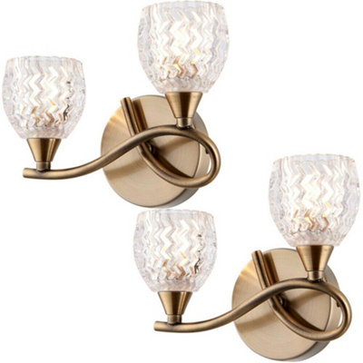 2 PACK LED TWIN WALL LIGHT CURVED ANTIQUE BRASS GLASS PATTERN DIMMABLE LAMP