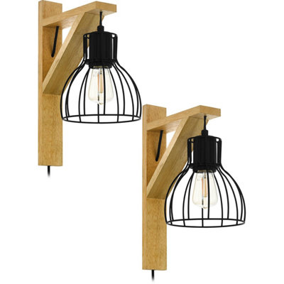 2 PACK LED Wall Light / Sconce Natural Wood & Black Wire Hangman 1x 40W ...