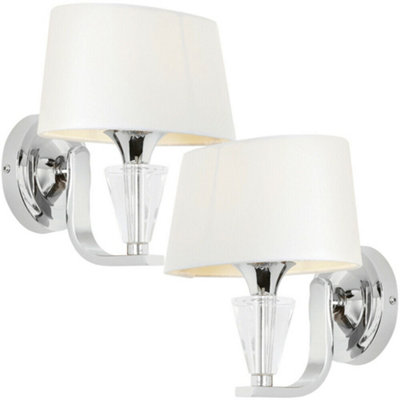 2 PACK Luxury Crystal Wall Light Chrome & White Shade Curved Arm ...