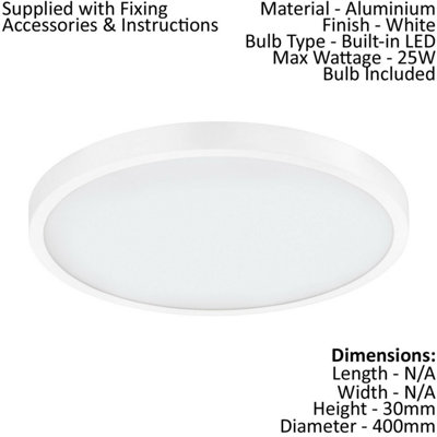 2 Pack Modern White 400mm Round LED Ceiling and Wall Light - 25W 4000K