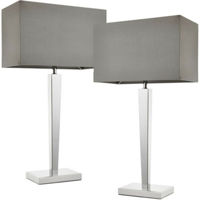 2 PACK Rectangular Table Lamp Light Modern Chrome & Grey Shade Sleek ...