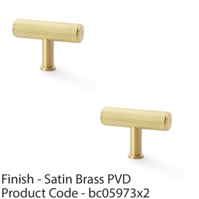 2 PACK - Reeded T Bar Cupboard Door Knob - 55mm x 38mm Satin Brass ...