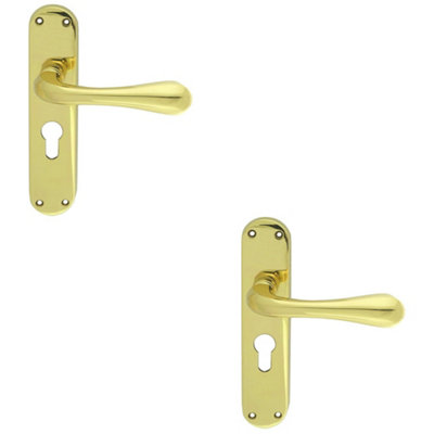 2 PACK - Rounded Flaired Latch & EURO Lock Door Handle - Polished Brass ...