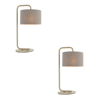 2 PACK Satin Champagne Table Lamp - 23cm Grey Fabric Cylinder Shade ...
