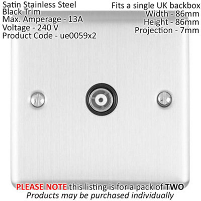 2 PACK SATIN STEEL Single Aerial Coaxial Socket Female Wall Plate Black ...