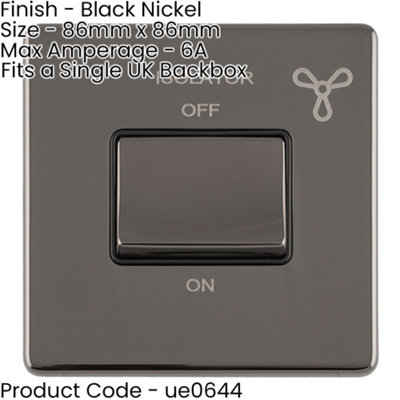 2 PACK SCREWLESS 6A Extractor Fan Isolator Switch BLACK NICKEL 3 Pole ...
