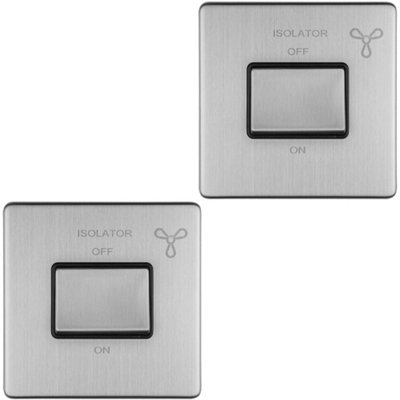 2 PACK SCREWLESS 6A Extractor Fan Isolator Switch SATIN STEEL 3 Pole ...