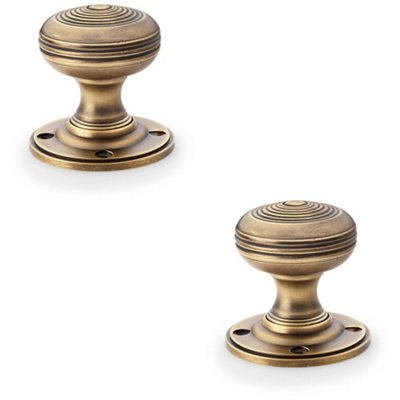 2 PACK - SOLID BRASS Classic Ringed Mortice Door Knob - Antique Brass 50mm Diameter