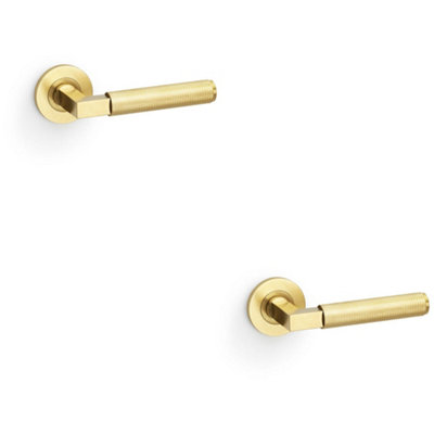 2 PACK - SOLID BRASS Knurled Door Handle Set - Satin Brass Angled Lever ...