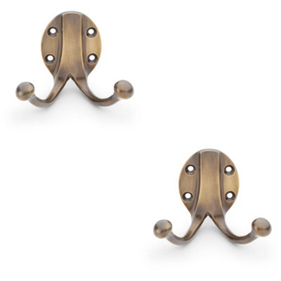 2 PACK - SOLID BRASS Traditional Double Robe Hook - Wall Mounted Holder ...