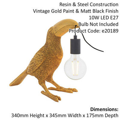 2 PACK Vintage Gold Toucan Table Light - Resin Figure - Matt Black Lamp ...