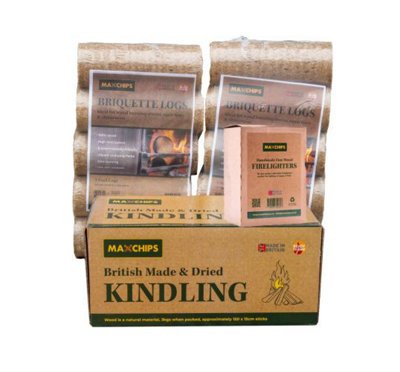 2 Packs of Maxchips Briquette Logs, 1 Box of Kiln Dried Kindling and 1 Box of Firelighters ...
