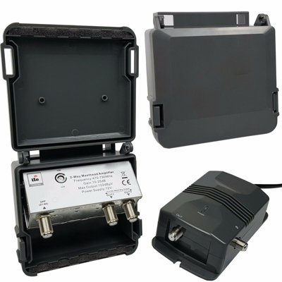 2 Port Outdoor Masthead Aerial Amplifier & PSU F Type Signal Splitter ...