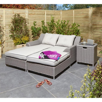 2 Seater Natural Stone Rattan Weave Garden Sun Lounger Set