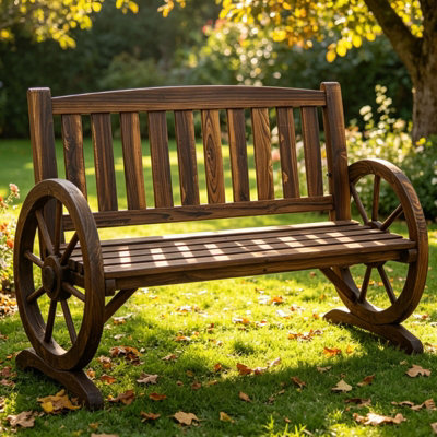 2 Seater Wooden Garden Bench with Wagon Wheel Arms Outdoor Patio Seat