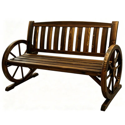 2 Seater Wooden Garden Bench with Wagon Wheel Arms Outdoor Patio Seat