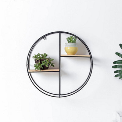 2 Shelves Modern Round Iron and Wood Floating Decorative Wall Shelf ...