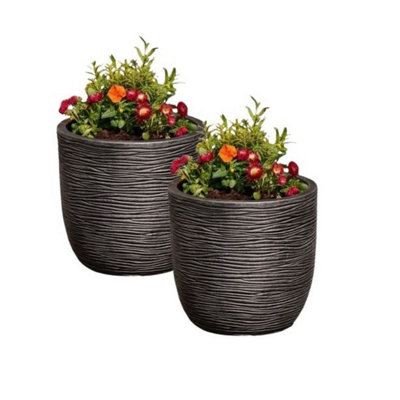 2 Small Grey Round Planters Amalfi Stone Effect Decorative Plant Pot ...