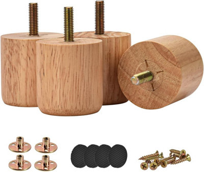 2" Solid Wood Round Bun Feet with M8 Bolts for Sofa, Cabinet, Bed