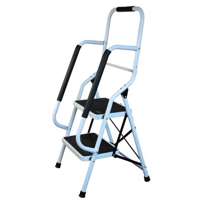 2 Step Safety Stepladder - White Foldable Ladder with Wide Non-Slip ...