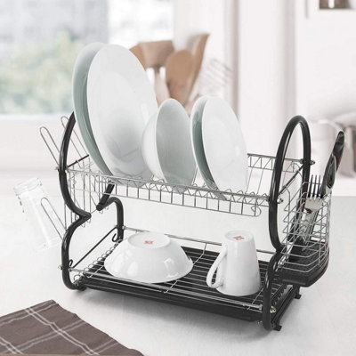2 Tier Black Chrome Plate Dish Cutlery Cup Drainer Rack Drip Tray ...