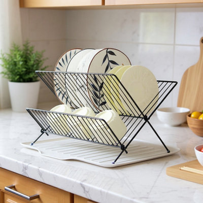 2 Tier Black Foldable Countertop Dish Drying Rack with Drip Tray, 36cm ...